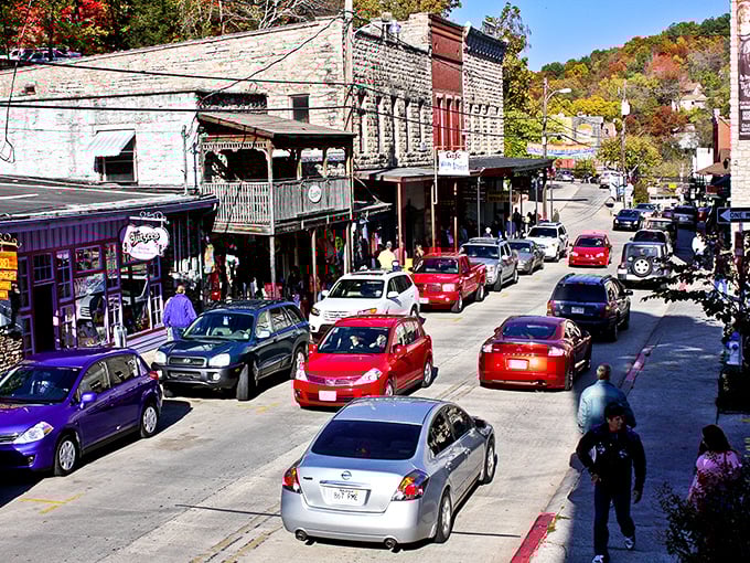 Downtown Eureka Springs in autumn&mdash;where colorful foliage competes with Victorian architecture in a beauty contest that visitors always win.