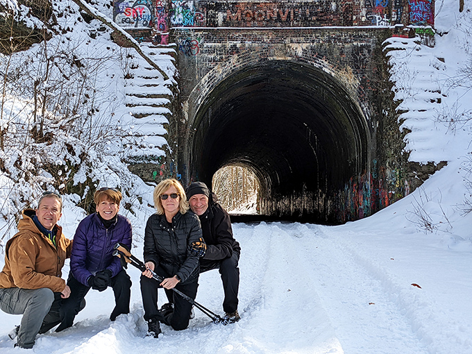 Winter at Moonville transforms the spooky into the spectacular. The snow-covered approach creates a Christmas card scene with a delightfully haunted twist.