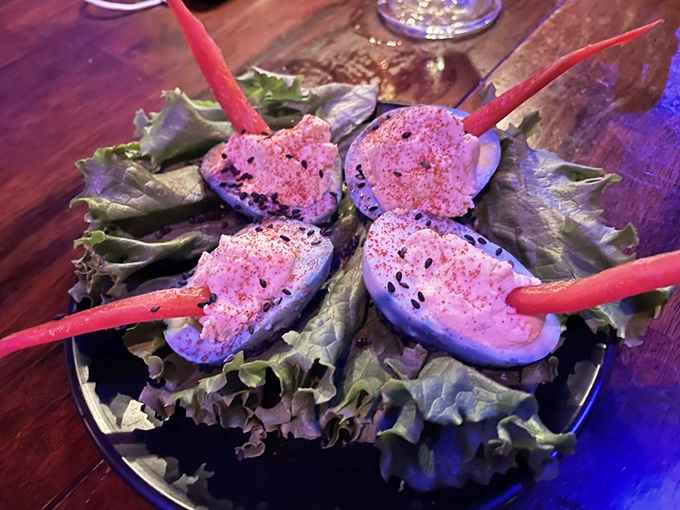 Devilishly deviled eggs with blood-red spikes&mdash;a classic appetizer that's dressed up for the spookiest costume party in Portland.