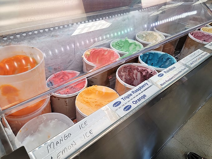 The display case&mdash;a color wheel of frozen possibilities. Each tub contains someone's childhood memory or future favorite waiting to be discovered.