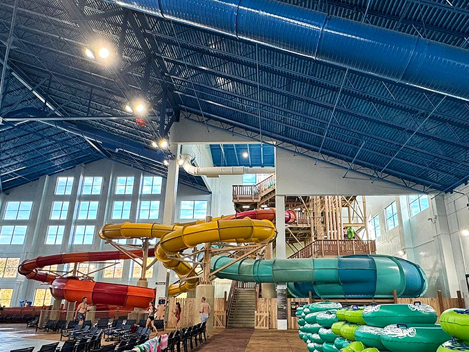 The lazy river's inner tubes&mdash;personal floating thrones for water park royalty who understand that relaxation can be an extreme sport.