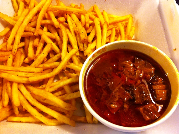 Golden fries alongside that legendary burnt end chili&mdash;a partnership more perfect than Astaire and Rogers. The ideal vehicle for sopping up every last drop.