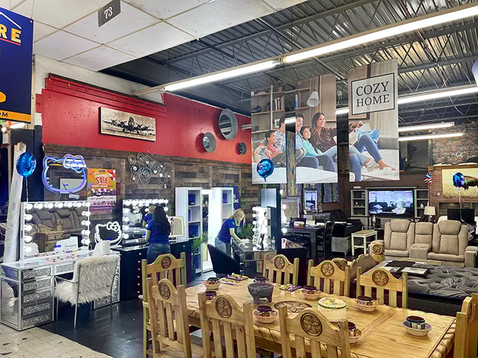 Modern furniture showroom nestled within the market's labyrinth. That dining set has witnessed fewer family arguments than the one currently in your home.