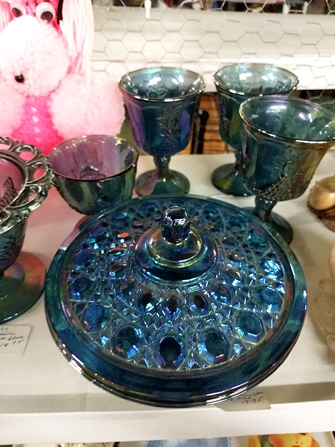 Carnival glass catches light like captured rainbows. These iridescent beauties survived decades to become someone's future family heirlooms.