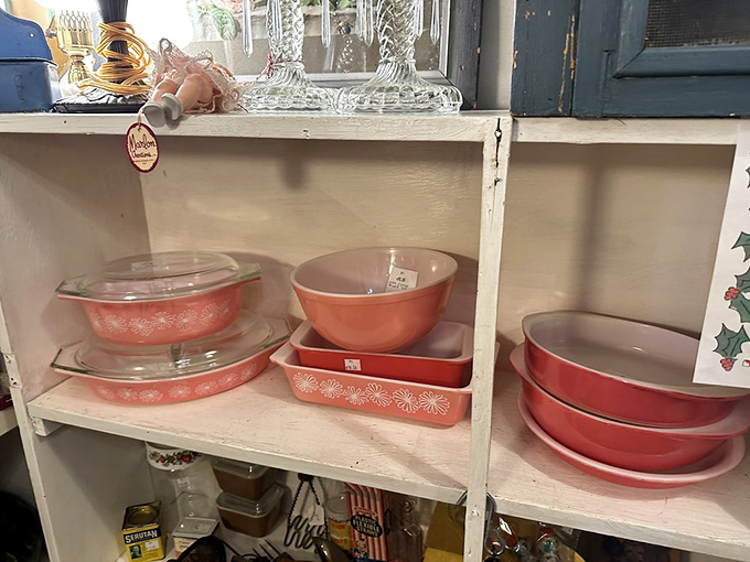 Pink Pyrex paradise! These coral-colored beauties have survived since the 1950s, ready to brighten a new generation's kitchen shelves.