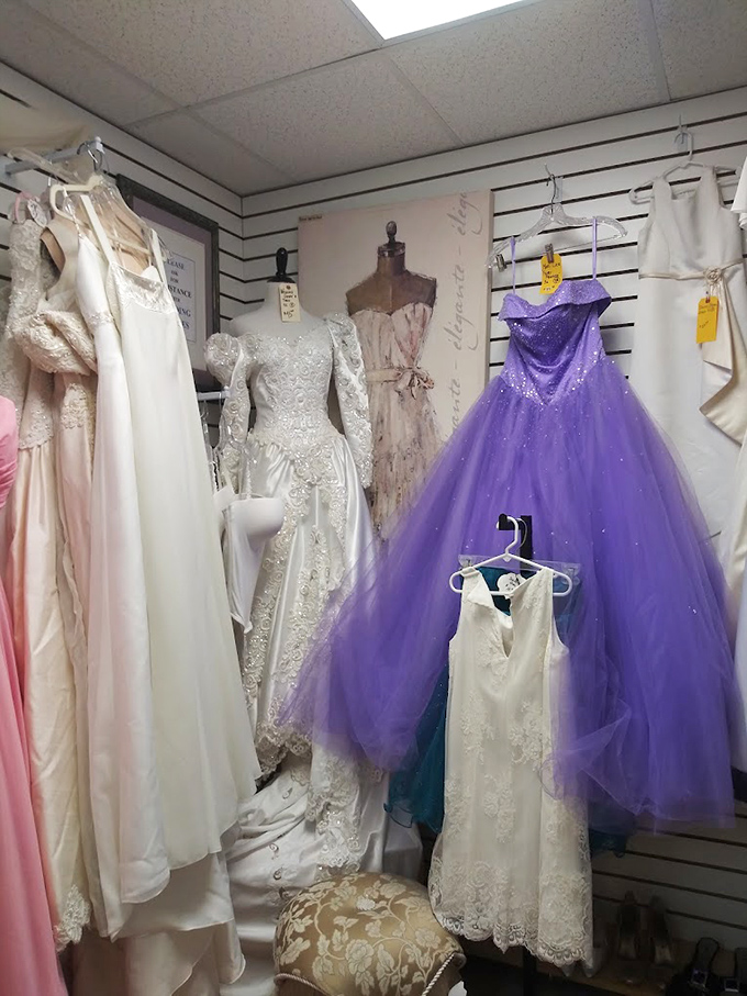 Wedding and formal gowns hang like elegant ghosts of celebrations past. These dresses have witnessed life's milestone moments and are ready for new memories.