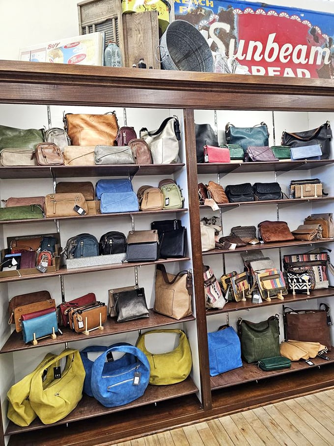 The handbag collection spans every imaginable color and style&mdash;like a leather rainbow organized by someone with an advanced degree in accessory curation.