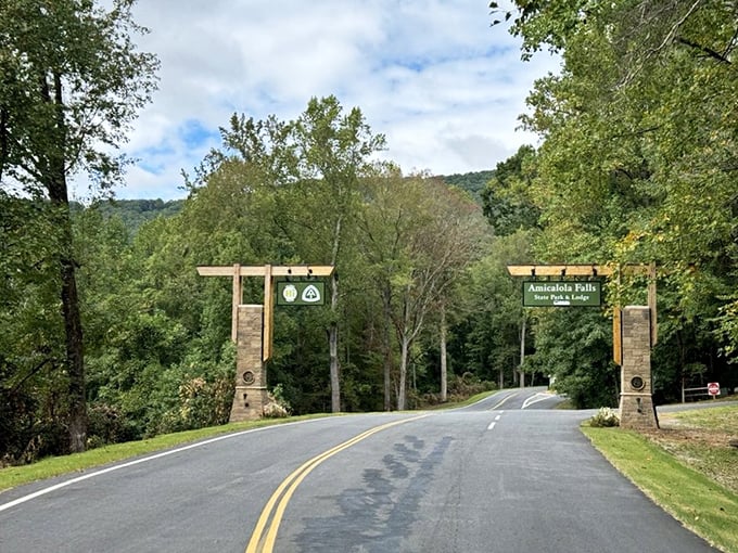 The gateway to adventure doesn't need neon signs. These rustic pillars announce you're leaving the ordinary world behind for something magical.