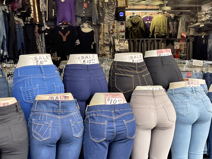 The wall of denim possibilities &ndash; where finding the perfect fit becomes an achievable quest rather than a mythical journey.