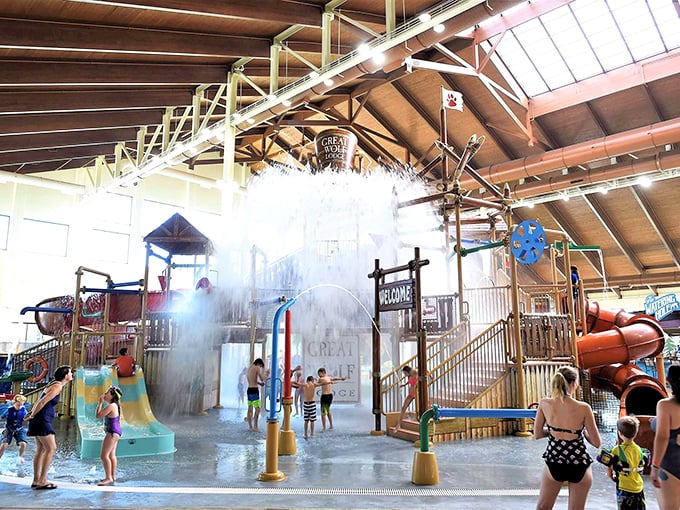 Twilight at the water park brings a magical glow to every splash and slide, proving that chlorine and LED lighting create unexpected enchantment. 