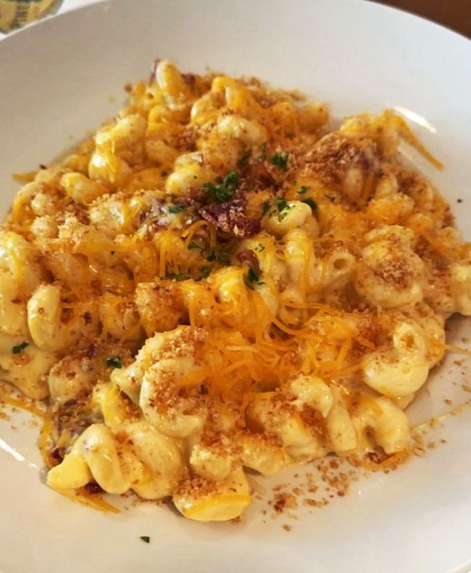 Mac and cheese that's achieved celebrity status in three counties. The breadcrumb topping deserves its own fan club.