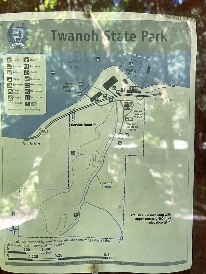 The explorer's blueprint to Twanoh's wonders. This weathered map has guided countless adventures from forest trails to beachfront relaxation.