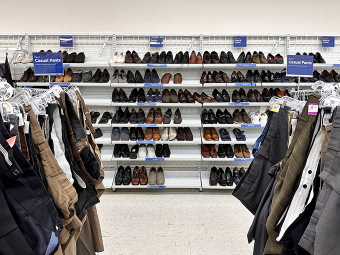 The men's shoe section offers leather-bound possibilities&mdash;from barely-worn dress shoes to casual kicks, each pair telling a silent story of previous adventures.