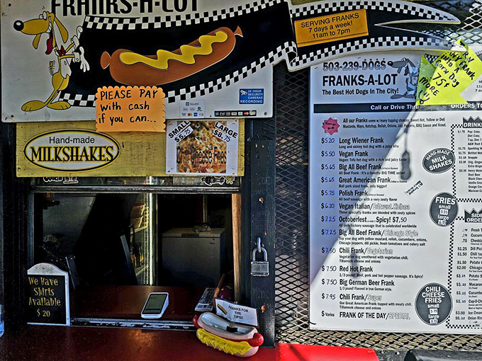 The order window&mdash;where dreams and hunger meet. Those handmade milkshake signs promise the perfect companion to your frankfurter feast. 