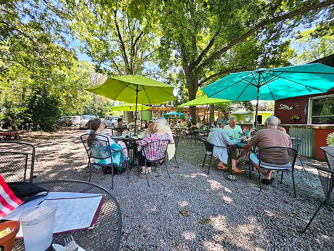 Outdoor dining under lime-green umbrellas where the people-watching is as delightful as the menu&mdash;retirement goals in full display.