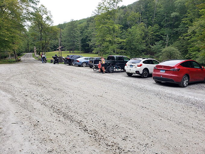 The parking area marks the boundary between everyday life and wilderness escape. Leave your worries in the car; nature doesn't have room for them.