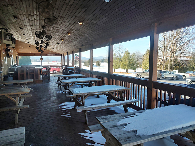 The snow-dusted patio speaks to true seafood devotion. Even winter can't keep the crab enthusiasts away from this deck.