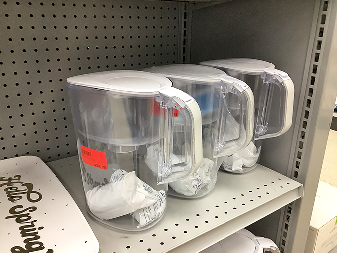 Kitchen essentials lined up like soldiers ready for duty. These water pitchers filter more than water – they filter out unnecessary expense.
