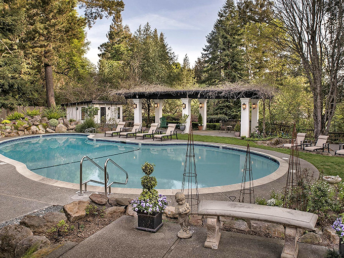 The pool area that makes you wonder why anyone would ever leave to go wine tasting. Water, sunshine, and zero emails &ndash; the California trifecta.