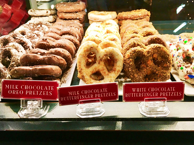 Chocolate-dipped pretzels lined up like delicious soldiers, each variety more tempting than the last. The sweet-salty combination is the flavor equivalent of a perfect marriage.