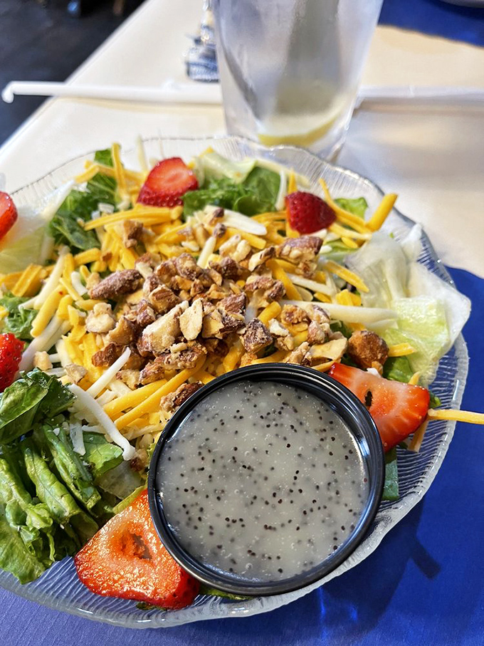 Fresh, colorful, and topped with house-made dressing. This salad almost makes you feel virtuous&mdash;until you remember the pie waiting for dessert.