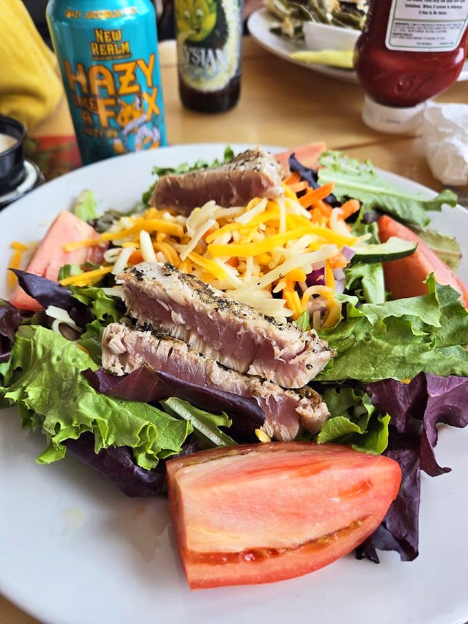 Seared tuna atop fresh greens &ndash; proof that salads don't have to be punishment when you're near the ocean.