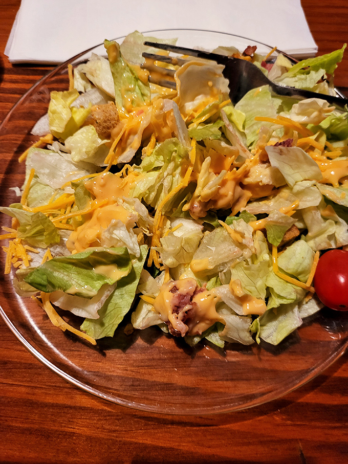 A side salad that knows its role &ndash; providing just enough roughage to convince yourself this meal has nutritional balance.