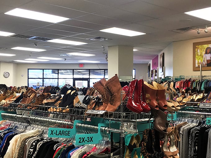 The shoe section offers a footwear buffet where boots and heels perch like birds of paradise, waiting to find their perfect match.