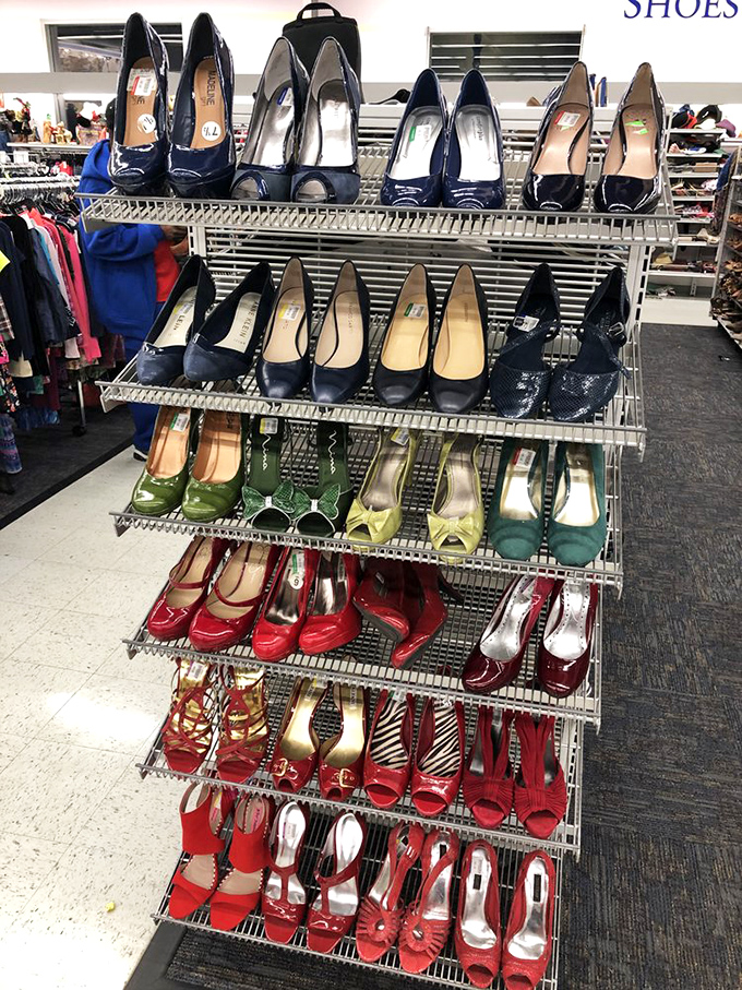The shoe section arranges its offerings by color, creating a rainbow of footwear possibilities from practical flats to night-on-the-town heels.