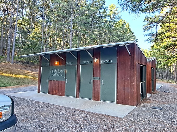 Modern shower facilities nestled in the woods&mdash;because even Thoreau would appreciate hot water after a day of contemplating nature.