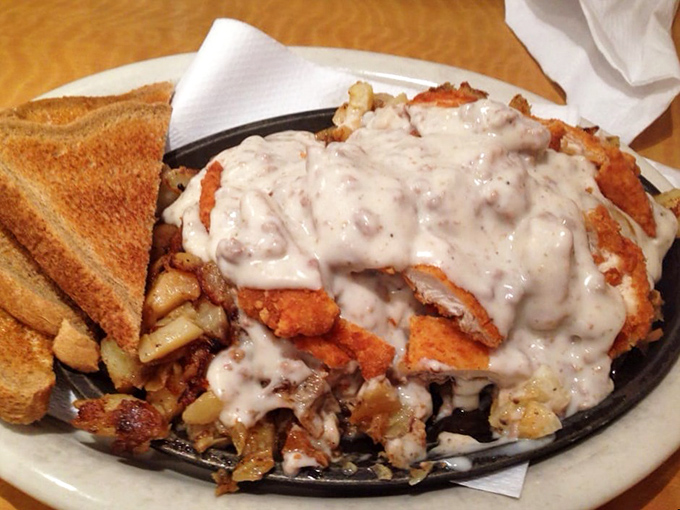 The skillet breakfast&mdash;where gravy isn't just a condiment, it's a lifestyle choice. Enough calories to fuel a marathon, or more realistically, a serious nap.