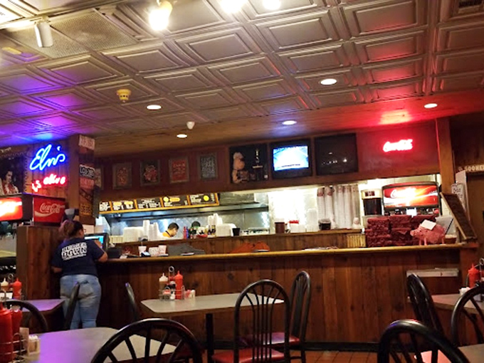 Where the magic happens&mdash;order at the counter, then prepare for meat nirvana. The neon "Elvis" sign is your beacon to barbecue heaven.