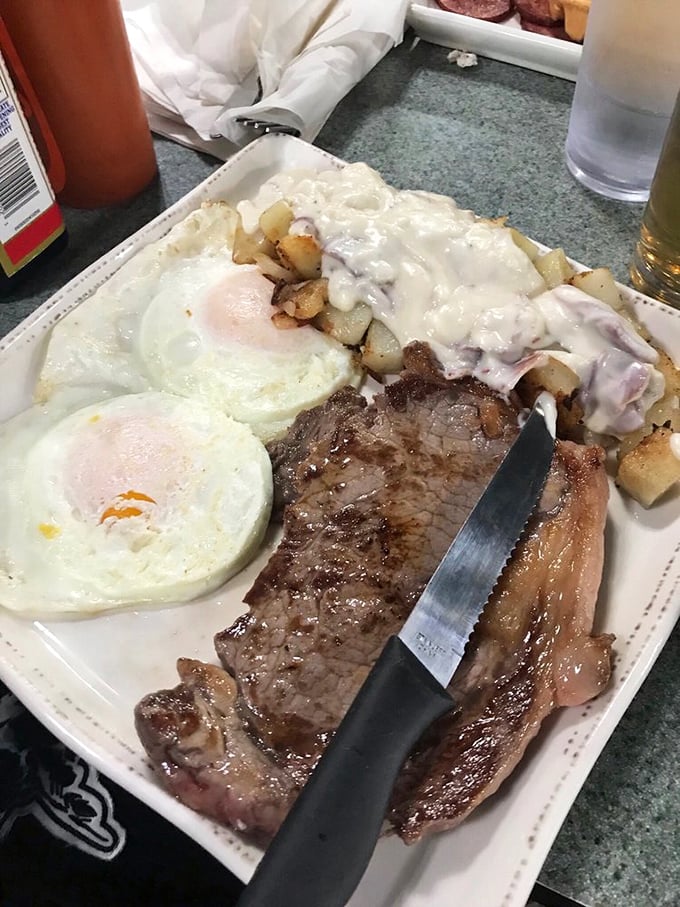 Steak and eggs &ndash; the breakfast of champions and the lunch of those who missed breakfast. A knife standing at attention, ready for action.