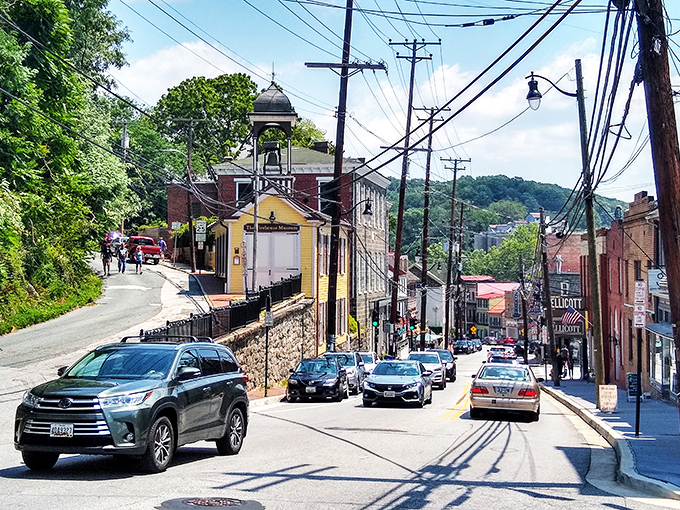 The view from Church Road offers a perfect snapshot of Ellicott City's vertical challenge&mdash;where "downtown" is literally down town.