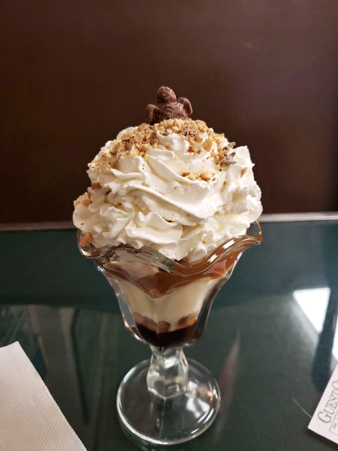 Ice cream sundaes served with a side of nostalgia in glassware that your grandmother would recognize—and approve of heartily.