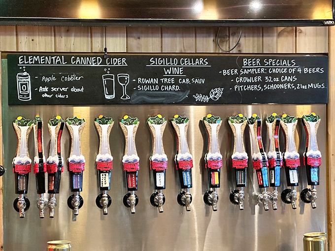 Beer taps lined up like soldiers ready for duty. Their mission? Delivering happiness one perfectly poured pint at a time.