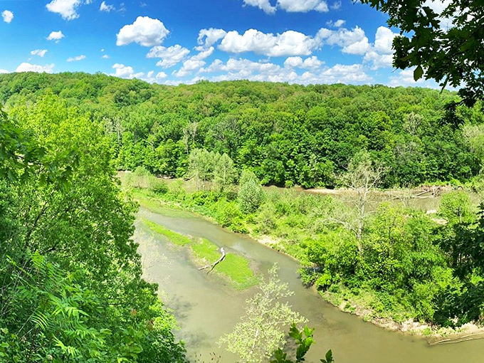 From scenic overlooks, Sugar Creek winds like a liquid ribbon through dense forest canopy&mdash;Mother Nature showing off her landscaping skills.