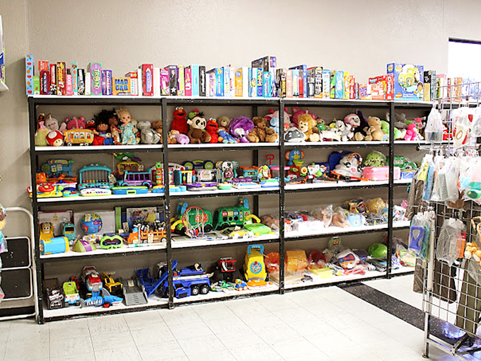 The toy section - where childhood memories get recycled into new adventures. Those stuffed animals are just waiting for their next hug.