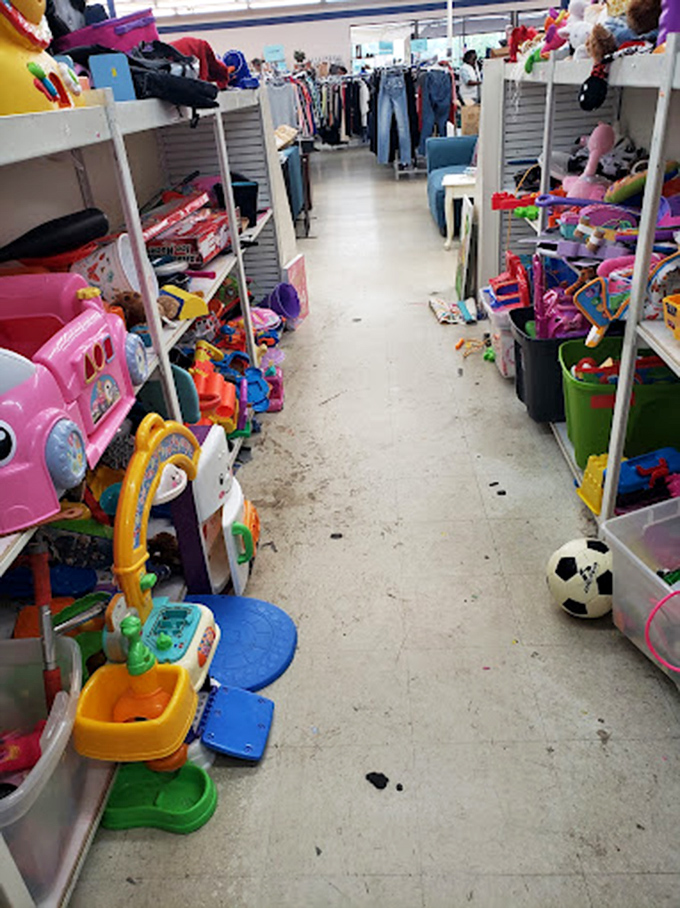 The toy aisle resembles a colorful playground where childhood dreams get recycled, from barely-used sports equipment to gently-loved stuffed animals.
