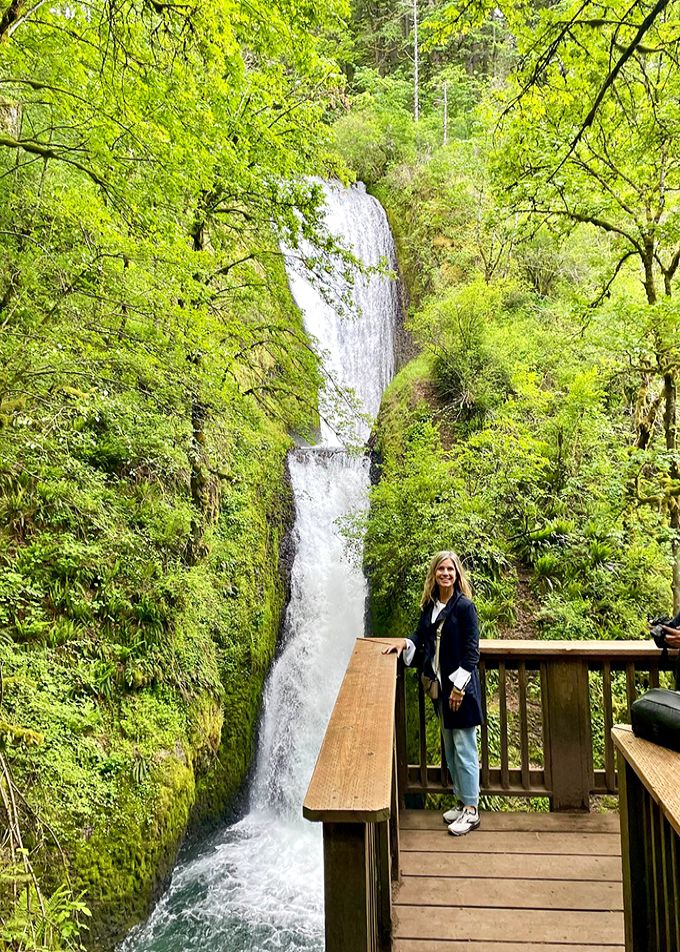 A waterfall tucked among vibrant spring greenery. The Pacific Northwest showing off why it endures all those rainy days with such good humor. 