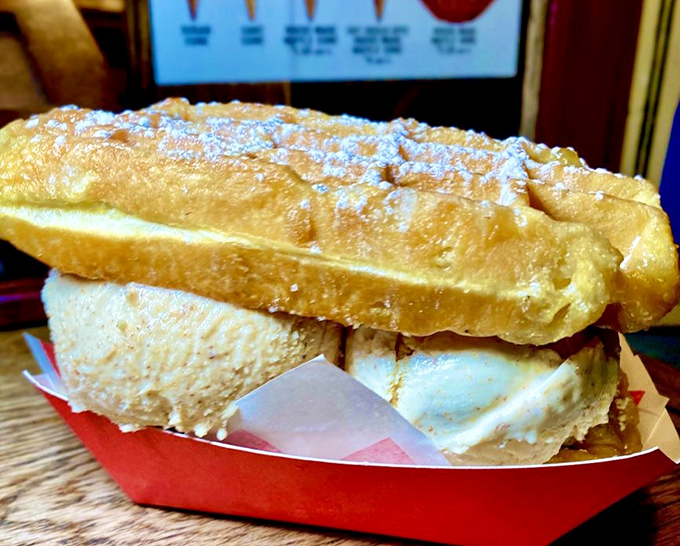 This isn't just an ice cream sandwich&mdash;it's architecture you can eat, with golden waffle exterior supporting a perfect scoop of what appears to be vanilla.