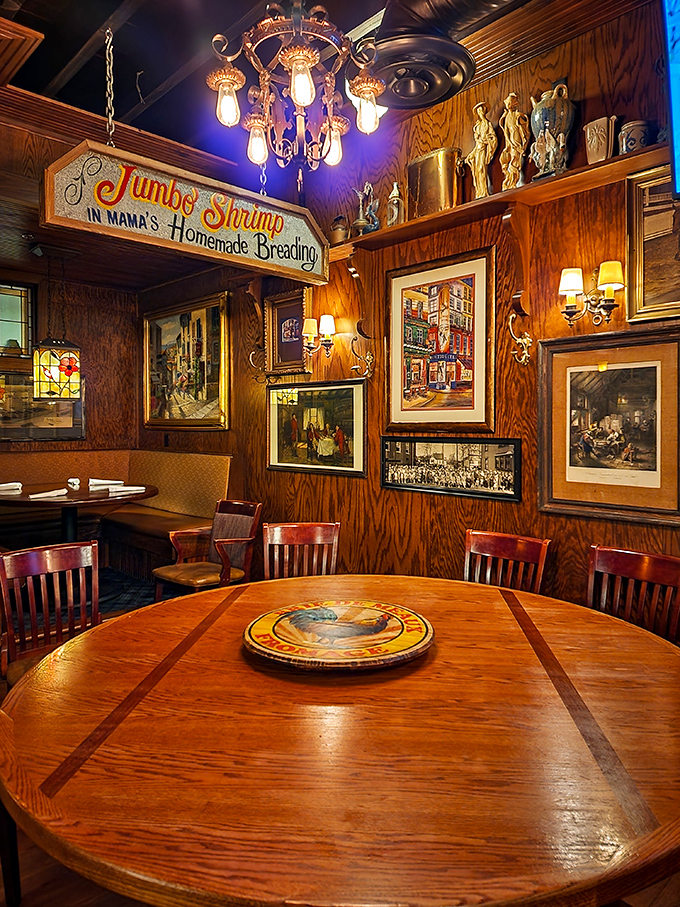 Wall d&eacute;cor that tells stories without saying a word. That "Jumbo Shrimp" sign is making promises the kitchen clearly keeps. 