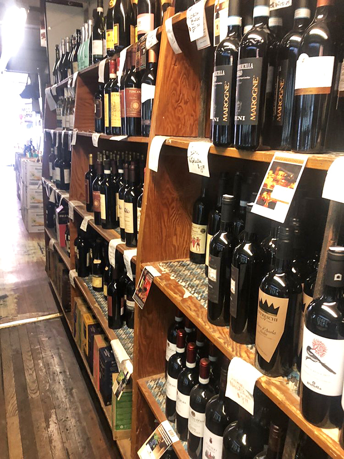 Wine bottles standing at attention like delicious soldiers. Each label tells a story of sun-drenched Italian hillsides and generations of winemaking wisdom.
