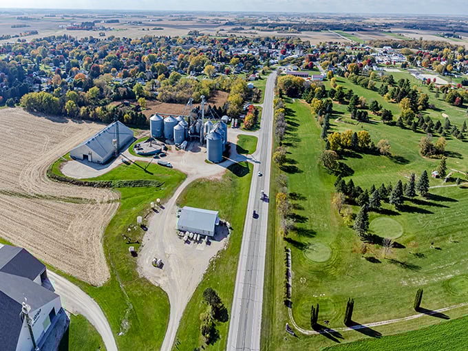 From above, Harmony reveals its perfect balance of farmland, forest, and community. A living patchwork quilt of Midwestern life, stitched together with country roads.
