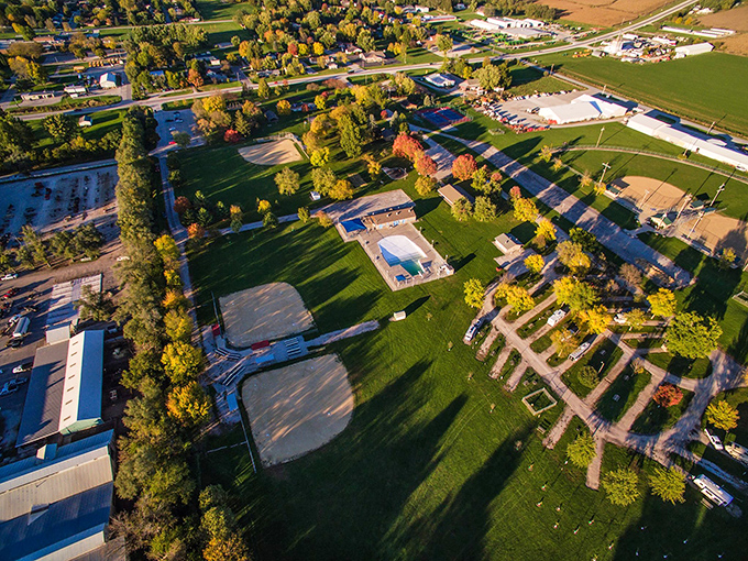 From above, Kalona reveals its thoughtful layout of green spaces, ball fields, and community gathering spots. Small towns know what matters.