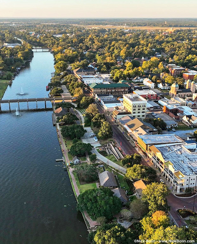 From above, Natchitoches reveals its perfect riverside setting, where the Cane River curls protectively around a downtown that time remembers fondly.