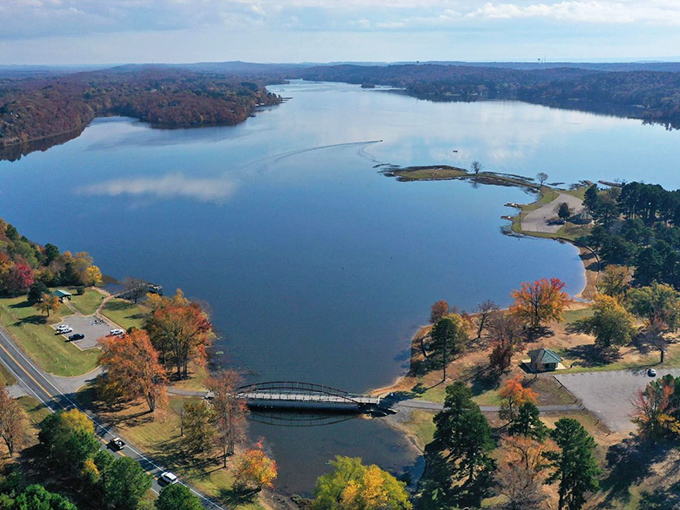 From above, Beaverfork reveals its true form &ndash; a sapphire jewel set in Arkansas's emerald crown, connected by a delicate bridge.