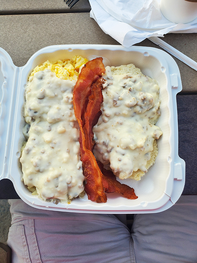 Biscuits and gravy with a side of bacon&mdash;the breakfast equivalent of a warm blanket on a cold mountain morning.