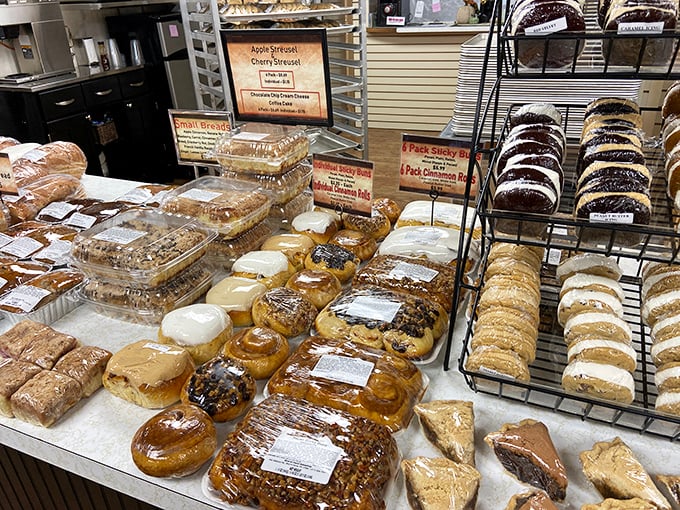 Cookies, pastries, and breads line the display cases while staff members assist customers in making life's most important decisions: which treats to take home.