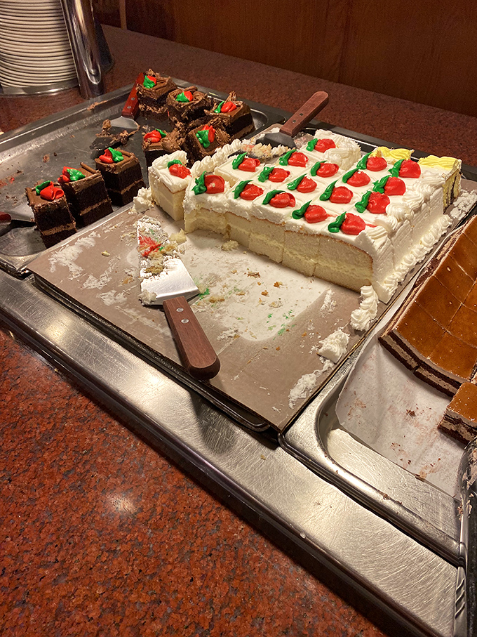 The dessert section's siren call &ndash; where sheet cake with frosting roses somehow tastes like childhood birthday parties, no matter your age.